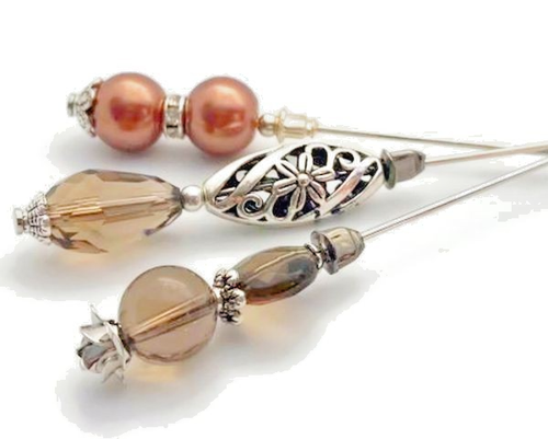 3 x HAT PINS LAPEL PINS/SHAWL HIJAB PINS Smokey Quartz & Rusty Brown ...
