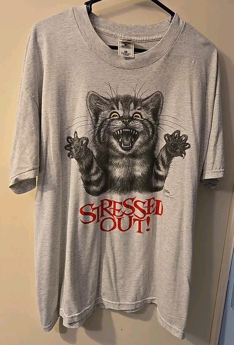 1997 Bob Harrison Stressed Out Kitty Cat Shirt Size X… - Gem