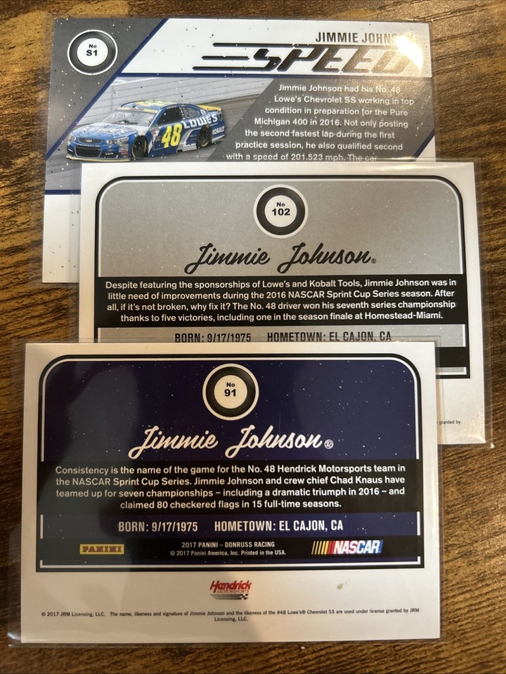 2017 Panini Donruss Jimmie Johnson (3) Speed #S1 & 102 & 91 Lowe’s 48 ...