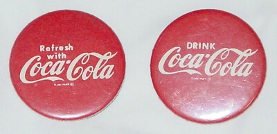 2 VINTAGE COCA-COLA ADVERTISING BUTTONS - "REFRESH WITH" & "DRINK" COCA ...