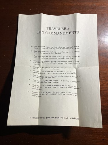 Traveler's Ten Commandments Dittmann Tours Northfield Minnesota Vtg ...