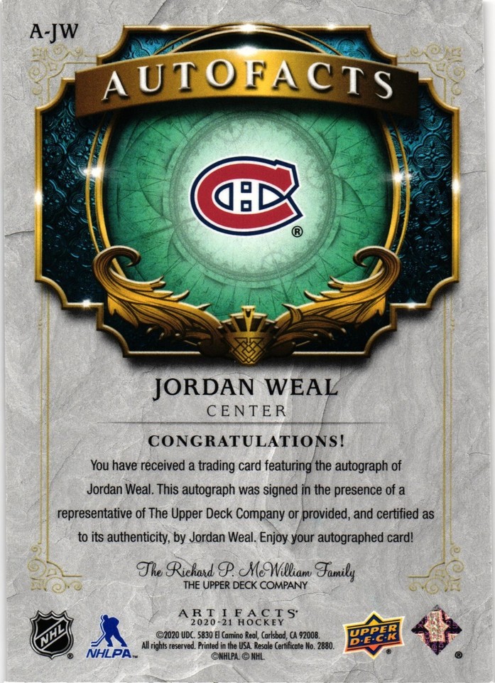 2021-22 Upper Deck Artifacts - Jordan Weal Autofacts Auto - Canadiens ...