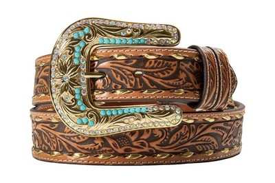 Angel Ranch Western Womens Belt Leather Embossed Floral Gold Lace Tan ...