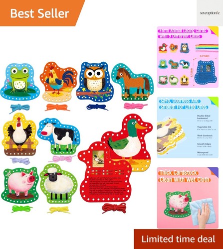 9 PCS Kids Lacing Cards, 9 Double Sided Farm Animals Sewing Cards with ...