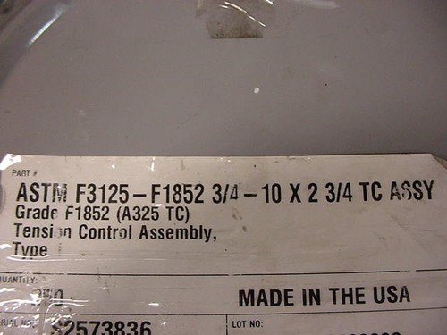 250 PC's Unytite Tension Control Bolt 3/4" 10 x 2 3/4 TC Assy ASTM ...