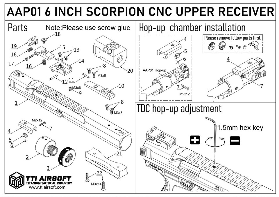 TTI AIRSOFT AAP-01 Scorpion CNC Upper Receiver Kit 6" with TDC Hop Up ...