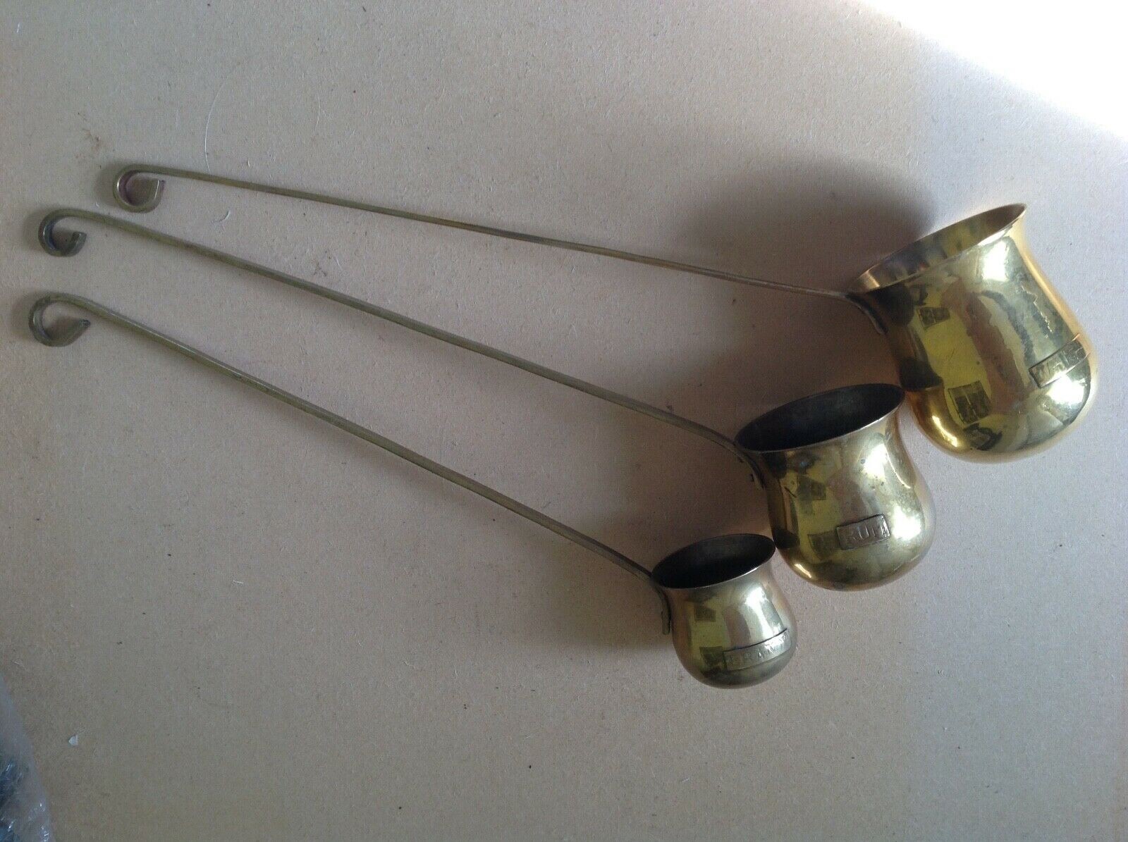 3 ..BRASS.., VARIOUS SIZES...DRINKS LADLES, ...WHISKY....RUM... BRANDY ...