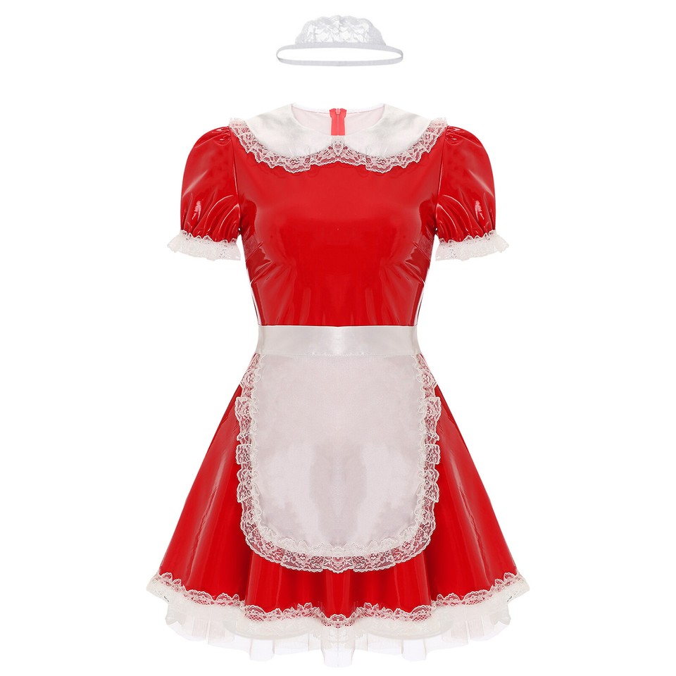 US Womens French Maid Costume Short Sleeve A-Line Dress Crossdresser ...
