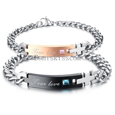 Couples Stainless Steel Chain True Love Cross ID Bracelet Valentine's ...