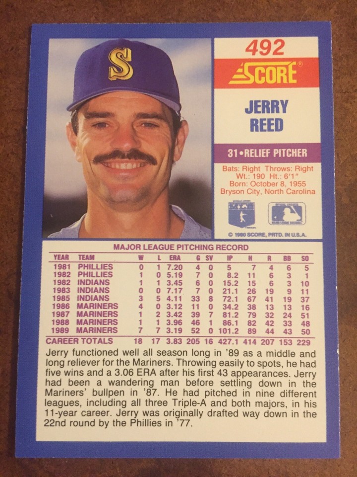 Jerry Reed 492 Score 1990 MLB Baseball Trading Card | eBay