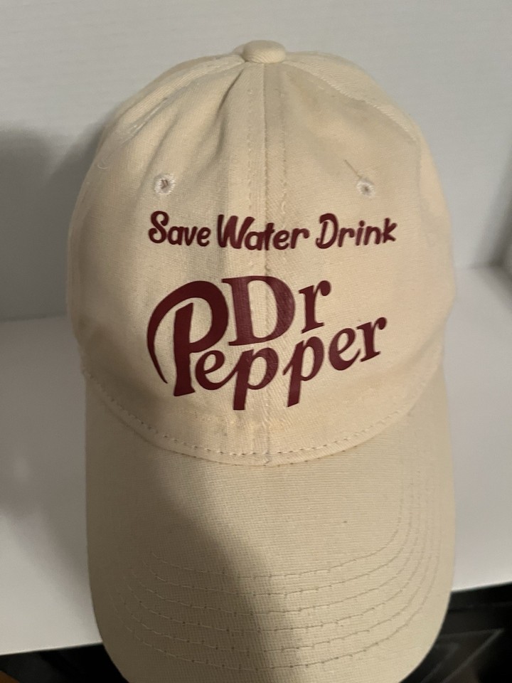 Dr Pepper Logo Adjustable Hat in a cream color says save water drink Dr ...