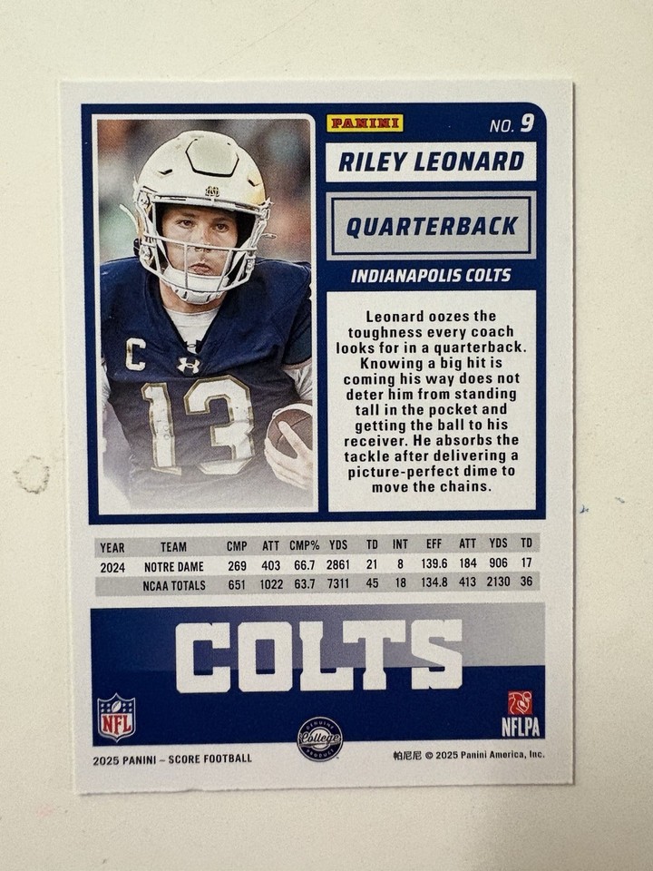 RILEY LEONARD 2025 Panini Score Blue Showcase Rookie RC SP #/100 ND ...