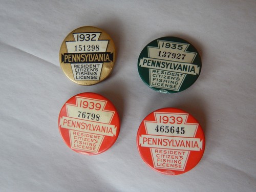 1932 1935 1939 Pennsylvania PA Fishing License Button Pin grouping of 4 ...
