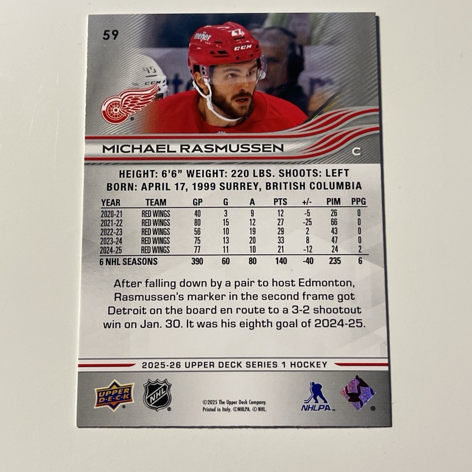 2025-26 Upper Deck Series 1 Michael Rasmussen Detroit Red Wings Card ...