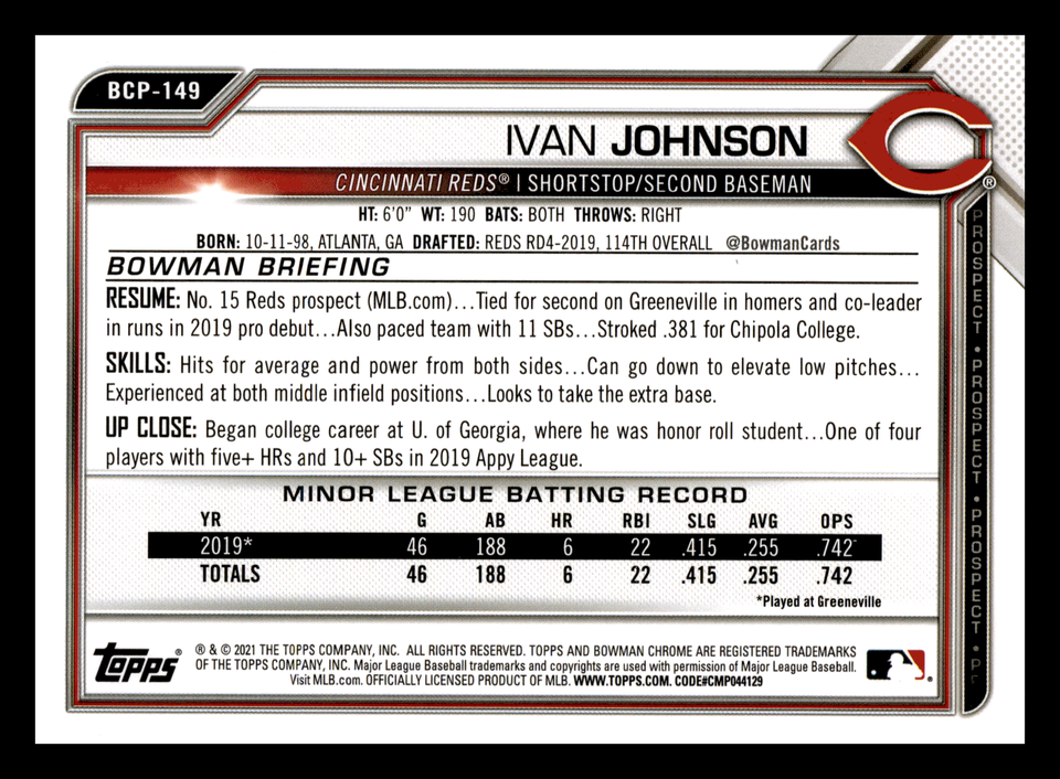 2021 1st Bowman Prospects Ivan Johnson Cincinnati Reds #BP-149 NM-MINT ...