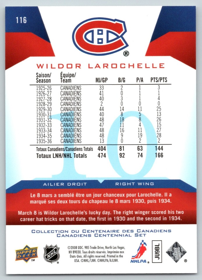 WILDOR LAROCHELLE 2008-09 UPPER DECK MONTREAL CANADIENS CENTENNIAL NO ...