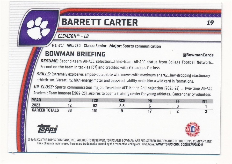 BARRETT CARTER 2024 BOWMAN UNIVERSITY CHROME #19 CLEMSON FOOTBALL MINT ...