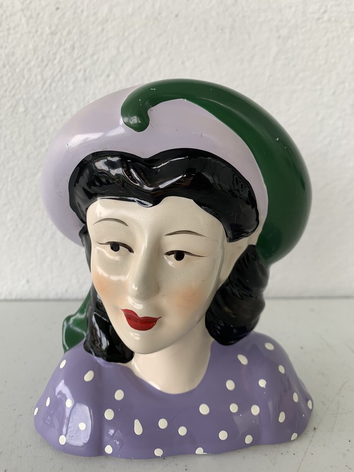 Vintage Styled Ceramic Lady Head Bust Figurine Purple And Green Hat | eBay