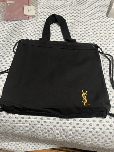 YVES SAINT LAURENT YSL Logo Novelty Tote Bag Hand Zipper Canvas Black ...