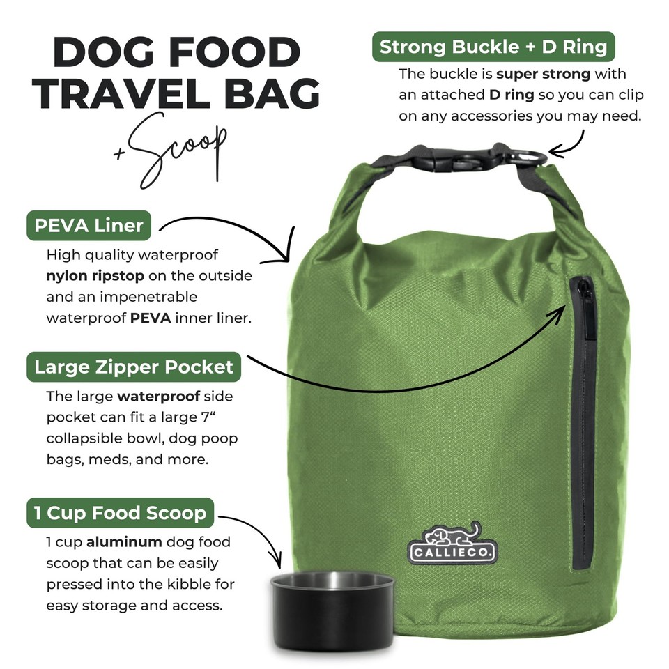 Dog Food Travel Bag w/ 1 Cup Scoop and Zipper Side Pocket | Waterproof ...
