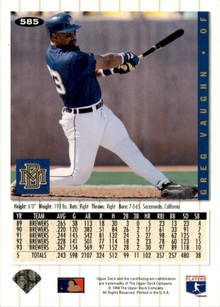 1994 Upper Deck Collector's Choice - Greg Vaughn #585 Silver Foil ...