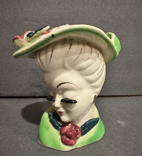 Lady Head Vase Ceramic Green Hat Long Eye Lashes Repaired Vintage | eBay