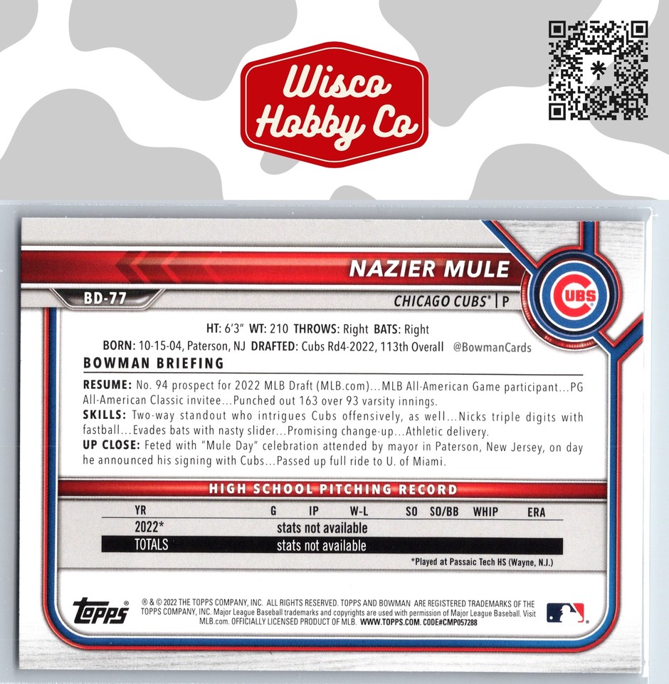 2022 Bowman Draft Nazier Mule #BD-77 Chicago Cubs | eBay