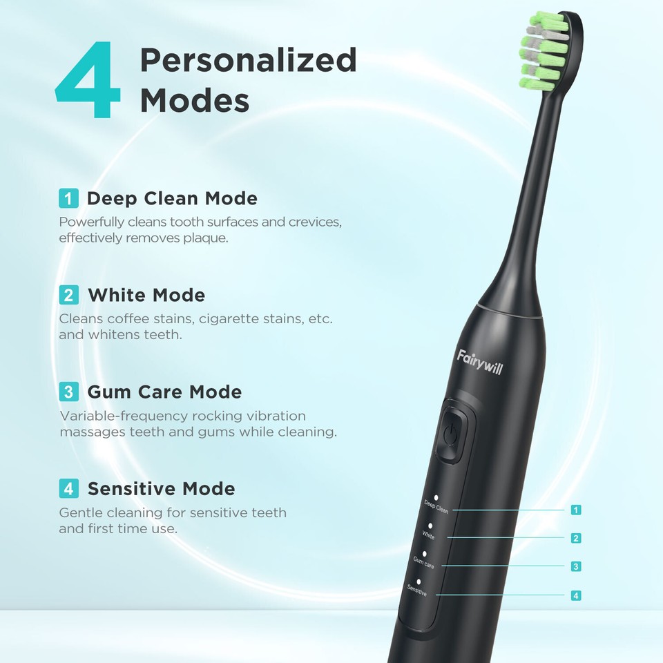Fairywill Electric Toothbrush USB Rechargeable 8 Brush Heads 5 Modes ...