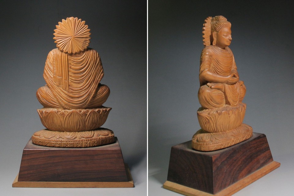 [Y] Asian Buddhist Art Sandalwood Statue Gautama Buddha "SHAKA-ZAZO ...
