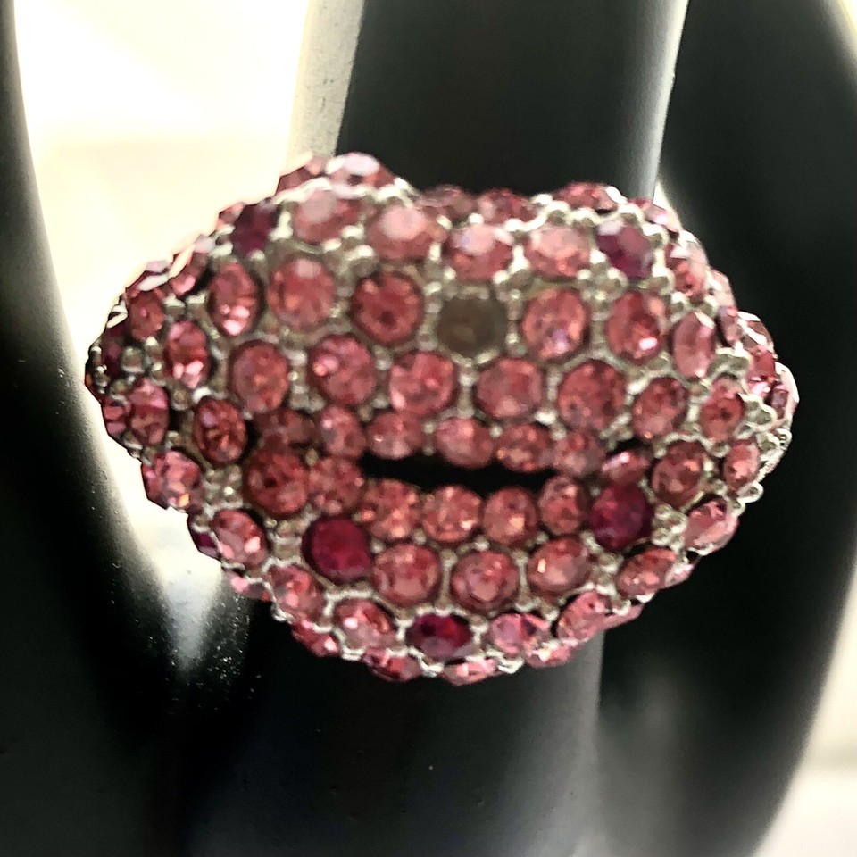 Chunky Lips Ring Pink Rhinestone Rocky Horror Silver Tone Statement ...