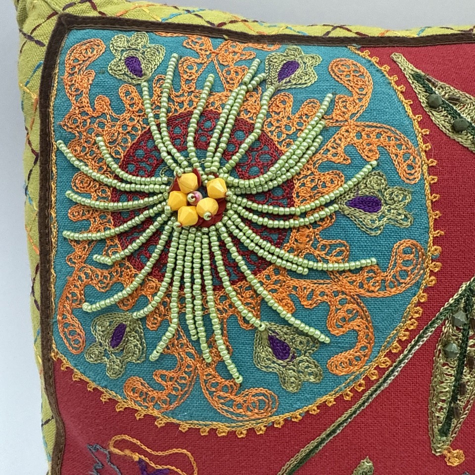 Pier 1 Pillow Beaded Embroidery Red Yellow Green Few Beads Missing | eBay