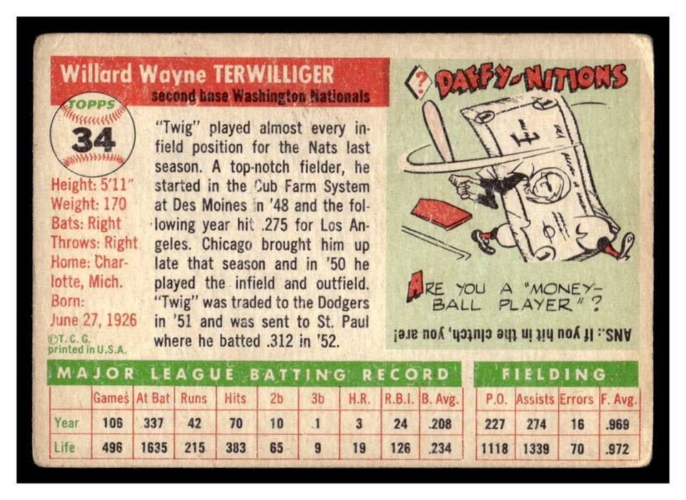 1955 Topps Wayne Terwilliger 34 Washington Senators | eBay