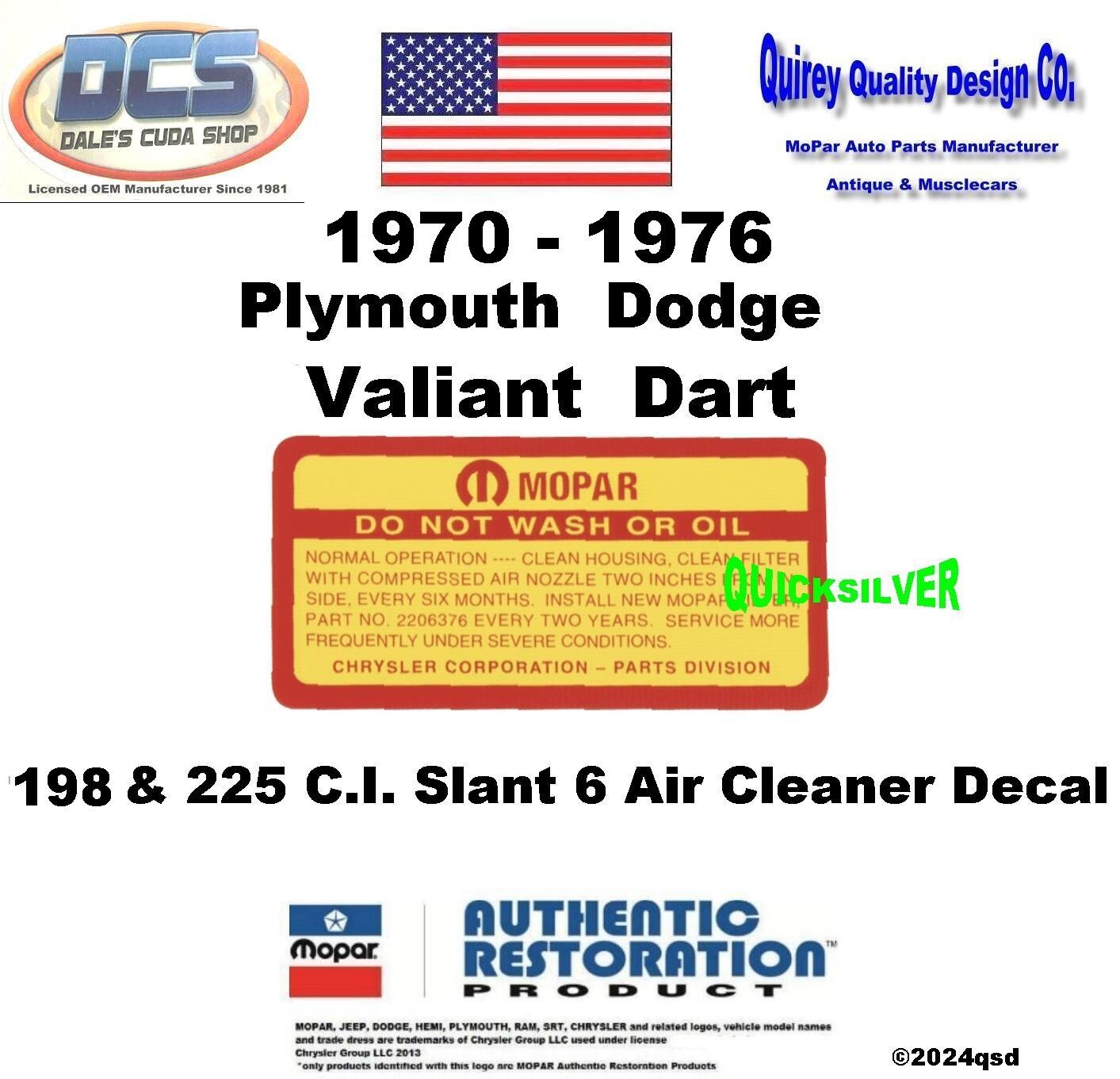 1970 76 Valiant Dart 198 225 slant 6 Do Not Wash Air Cleaner Decal ...