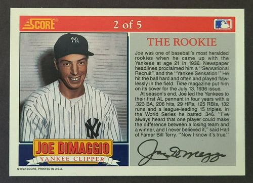 1992 Score Joe DiMaggio Insert Card 2 of 5 The Rookie New York Yankees ...