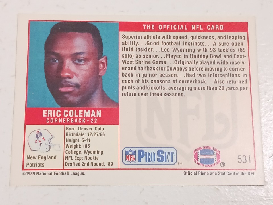 Eric Coleman New England Patriots 1989 Pro Set Rookie Card #531 | eBay