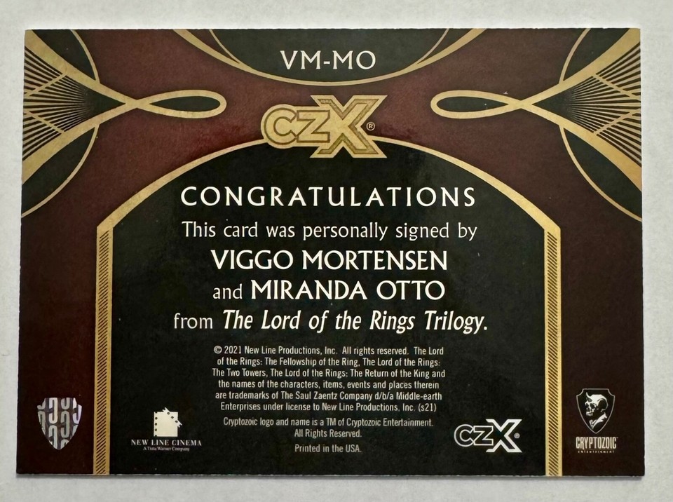Cryptozoic CZX Middle Earth Dual Autograph Viggo Mortensen & Miranda ...