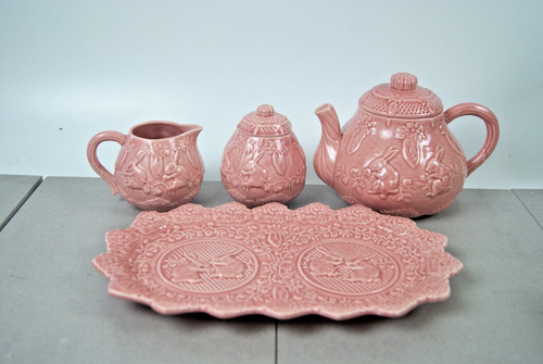 Bordallo Pinheiro Teapot•tray•cream &sugar Set Portugal Majolica Rabbit ...