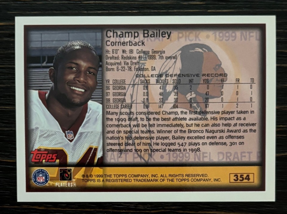 1999 TOPPS FOOTBALL CHAMP BAILEY ROOKIE CARD #354 WASHINGTON REDSKINS ...