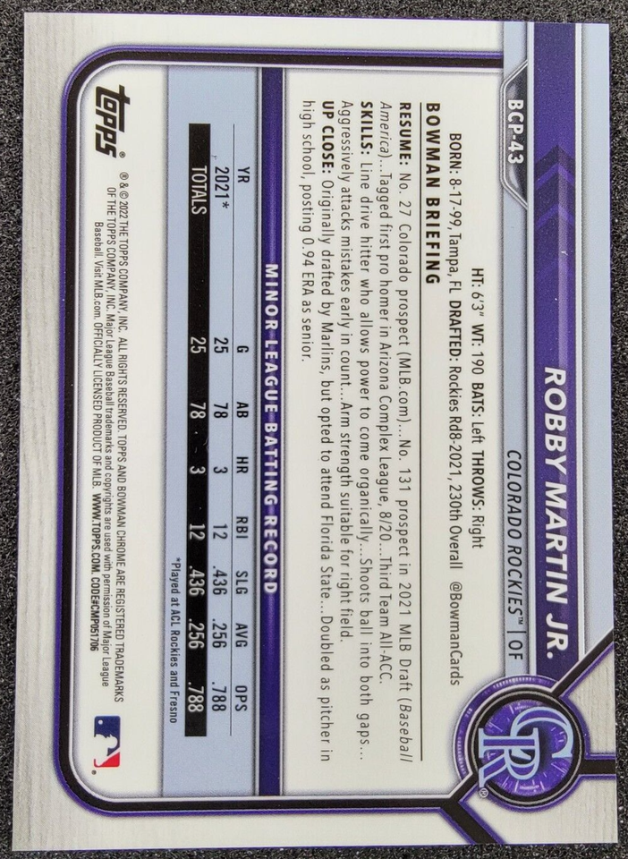 2022 Bowman Chrome 1st Lava Refractor /399 Robby Martin Jr #BCP-43 | eBay