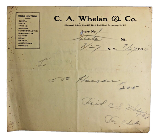 1910 C.A. WHELAN & CO CIGAR STORE Syracuse NY Hassan Cigarettes ...