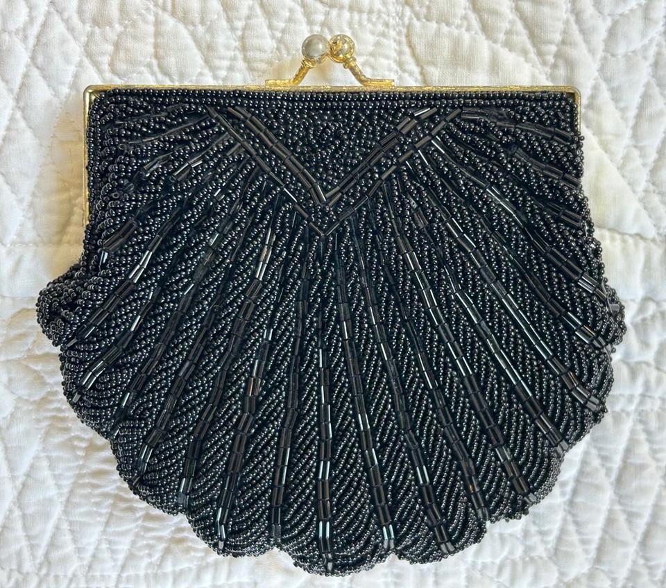 Vtg 90's Black Beaded Clamshell Formal Purse Bag Acessory Clutch ...