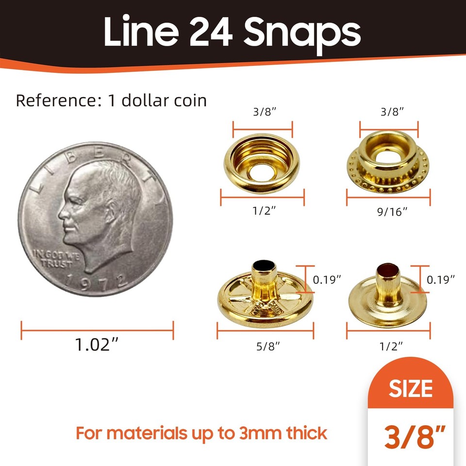 160 Pcs Snap Buttons, Fasteners Kit 15mm Stainless Steel Marine Gold ...
