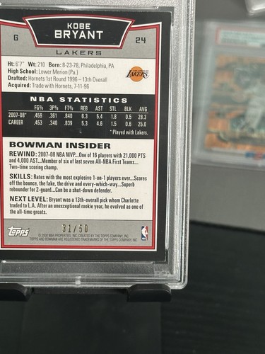2008-09 Bowman Gold #'d /50 Kobe Bryant #24 SSP PSA 8 MAMBA INSERT LA ...