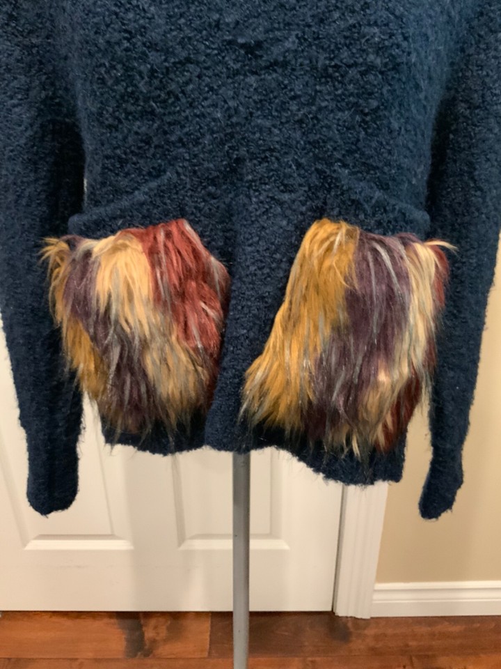 Zara Dark Blue Knit V-Neck Sweater Multicolor Faur Fur Trim Pockets ...