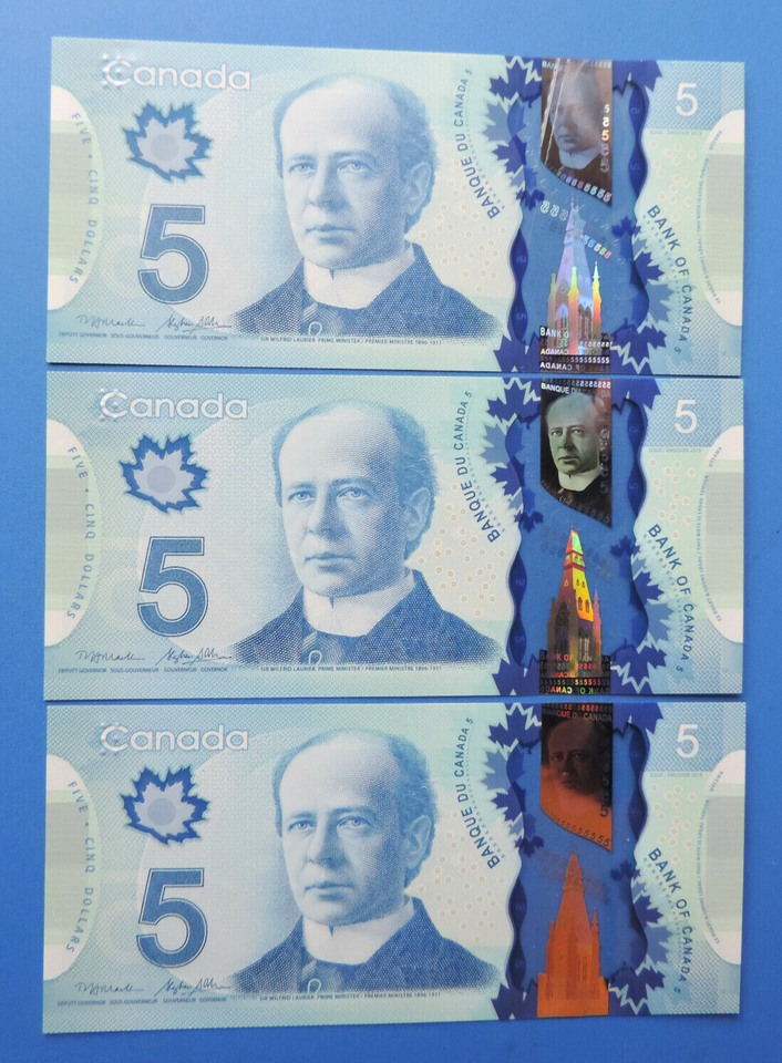 3 $5 Dollar Canada 2013 Polymer Banknotes Macklin/Poloz Ch Unc Last 3 ...