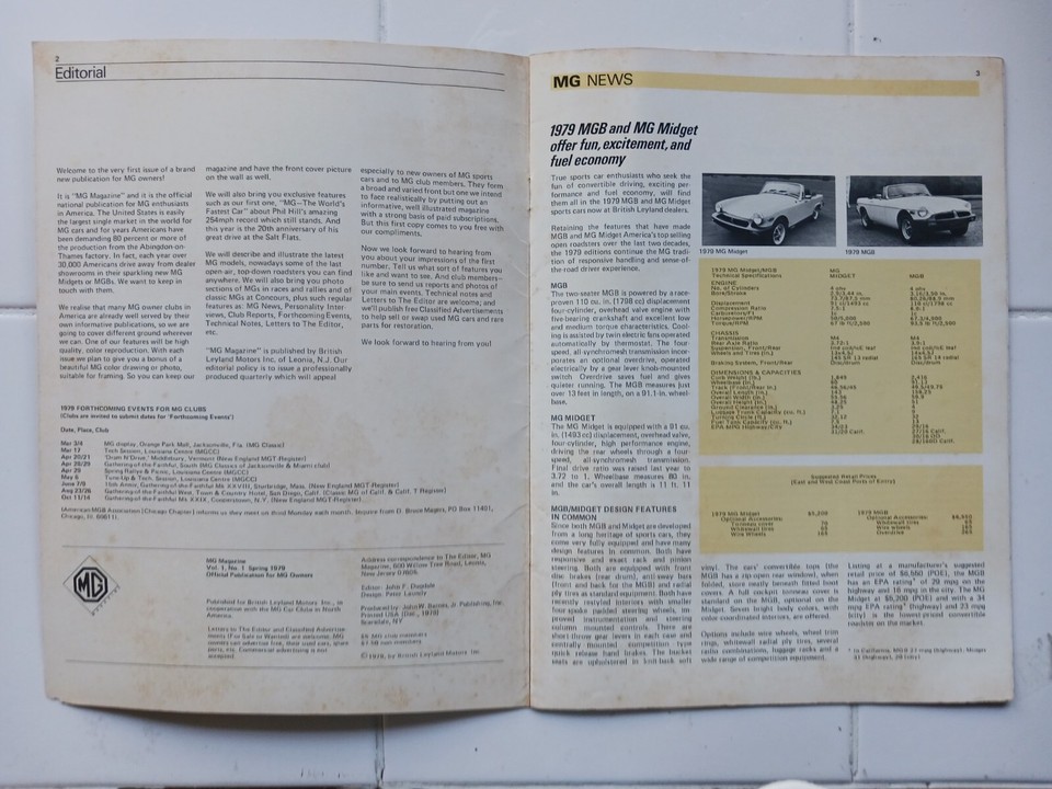MG Magazine 1979 Volume 1 No. 1 1979 Midget 16 Pages + Insert MG/EX181 ...