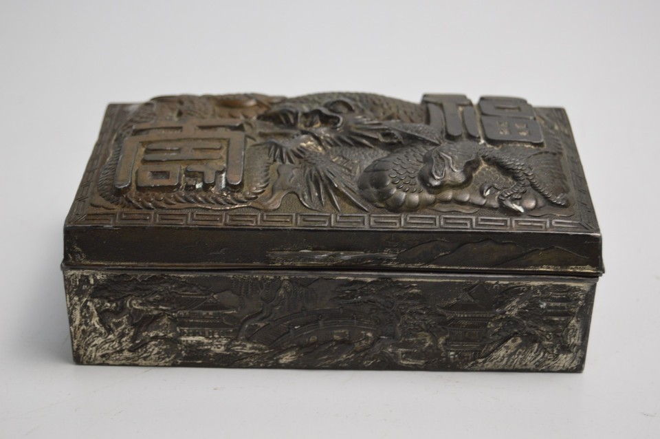 Vintage Chinese Dragon Metal Box Jewelry Trinket Wood Lined Crane ...