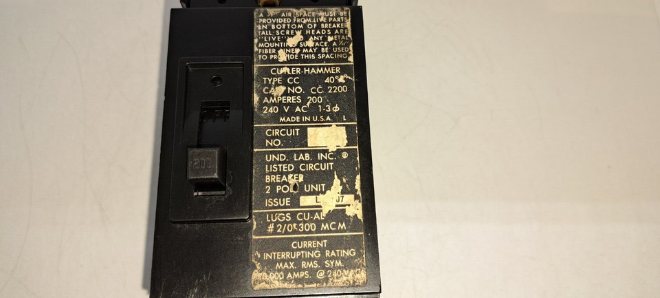 Cutler Hammer Eaton CC2200 200 Amp 2 Pole 240V MAIN CIRCUIT BREAKER | eBay