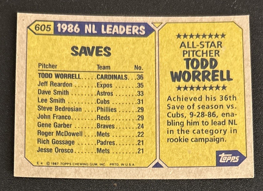 1987 Topps Todd Worrell All-Star Baseball Rookie Card (RC) #605 ...