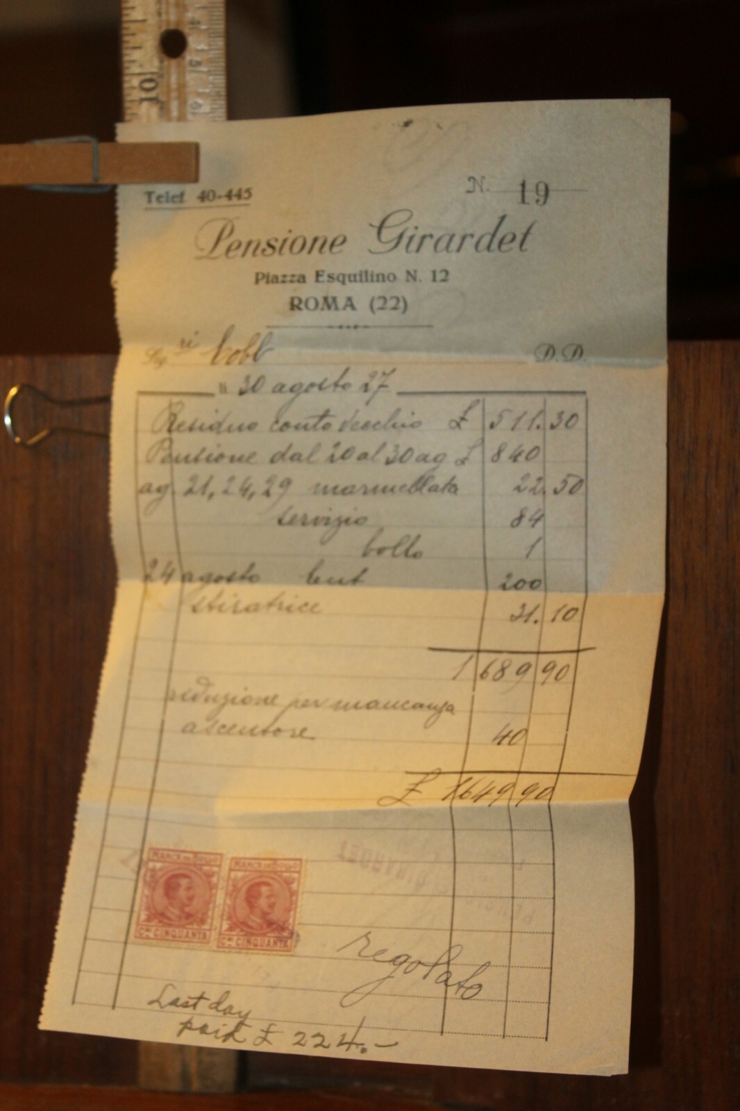 Antique 1927 Receipt Rome Italy Roma Pensione Girardet | eBay